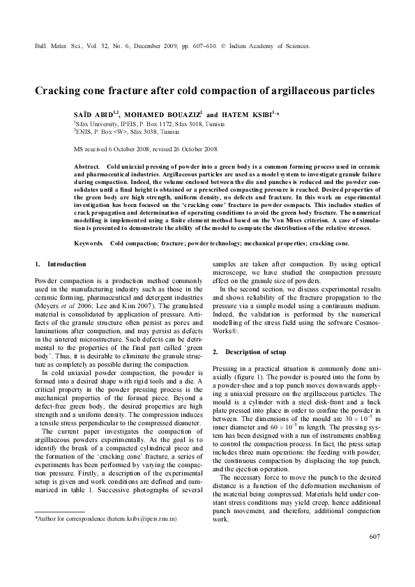 (PDF) Cracking cone fracture after cold compaction of argillaceous particles