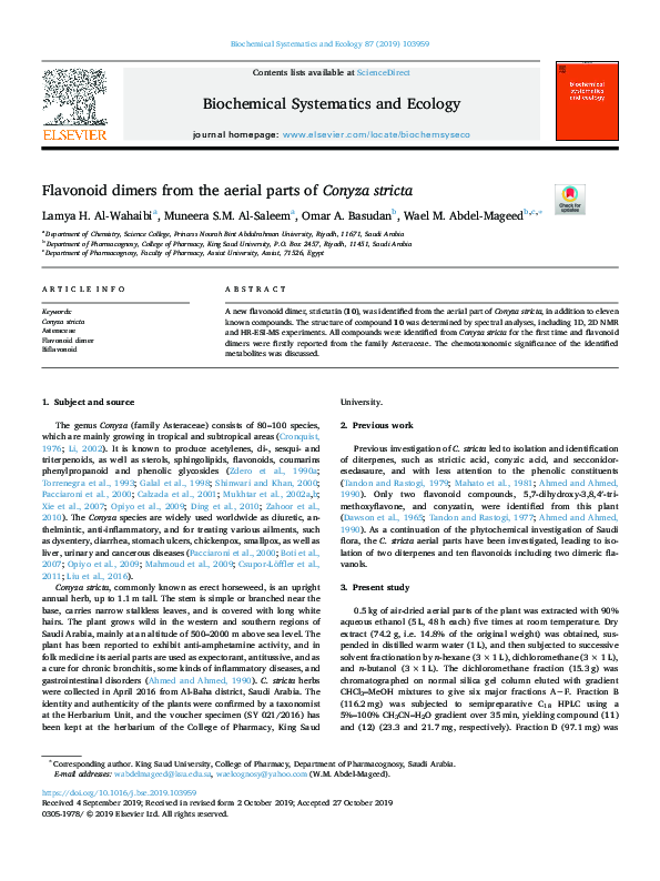 (PDF) Flavonoid dimers from the aerial parts of Conyza stricta