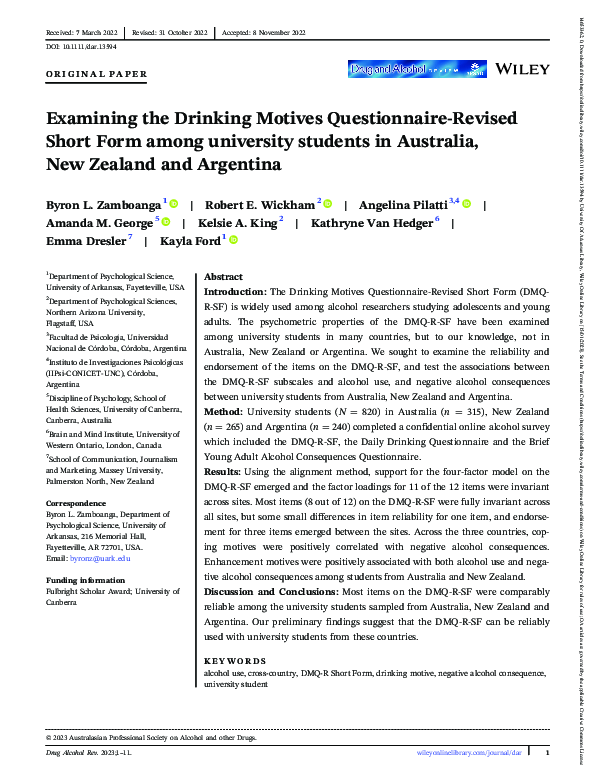 (PDF) Examining the Drinking Motives Questionnaire‐Revised Short Form ...