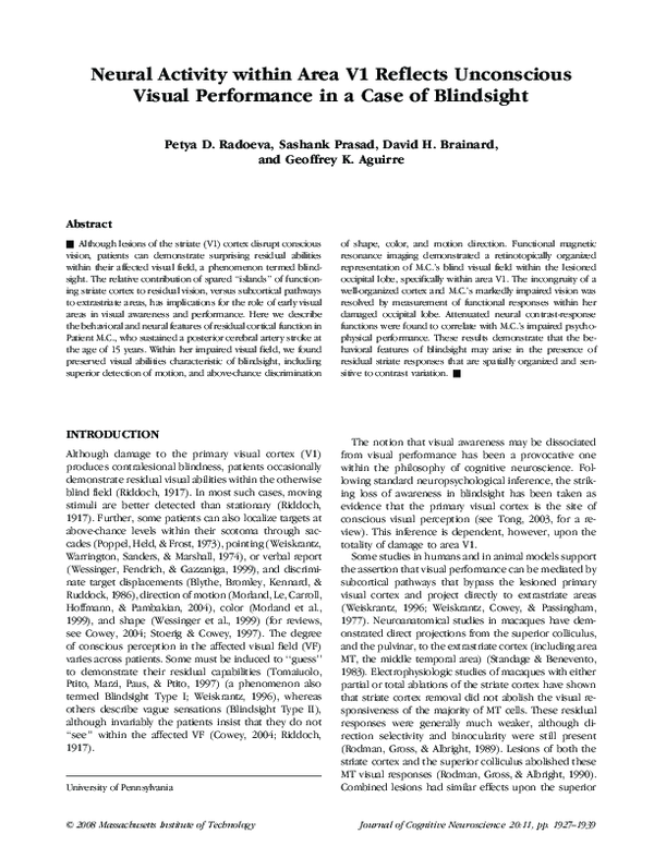 Pdf Neural Activity Within Area V1 Reflects Unconscious Visual Performance In A Case Of Blindsight