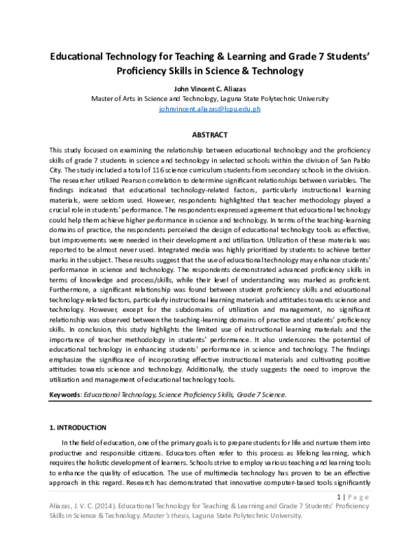 (PDF) Educational Technology for Teaching & Learning and Grade 7 ...