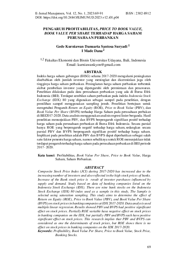 (PDF) Pengaruh Profitabilitas, Price to Book Value, Book Value Per ...