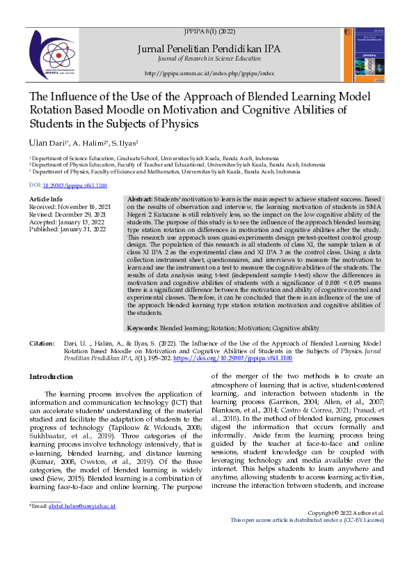 (PDF) Influence of the Use of the Approach of Blended Learning Model Rotation Based Moodle on ...