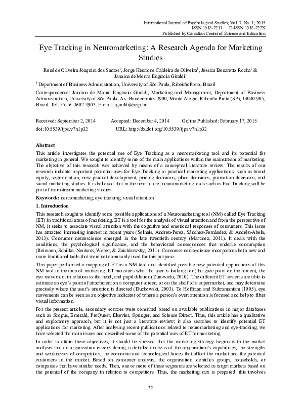 (PDF) Eye Tracking in Neuromarketing: A Research Agenda for Marketing ...