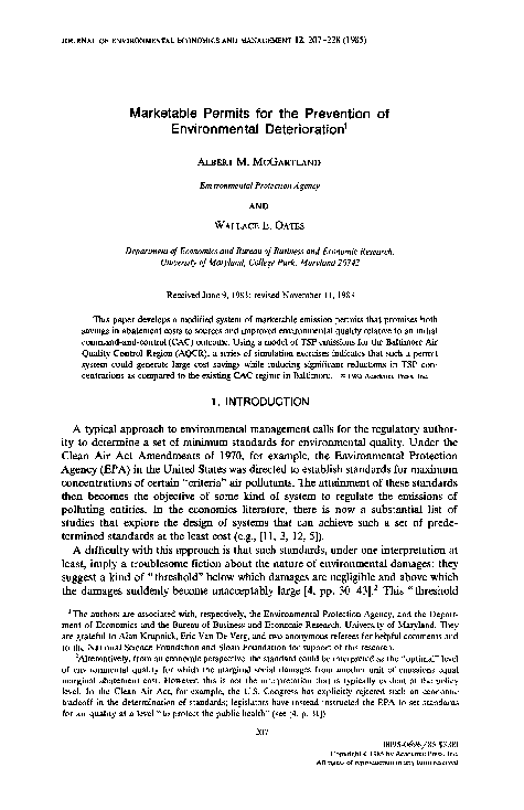 (PDF) Marketable permits for the prevention of environmental ...
