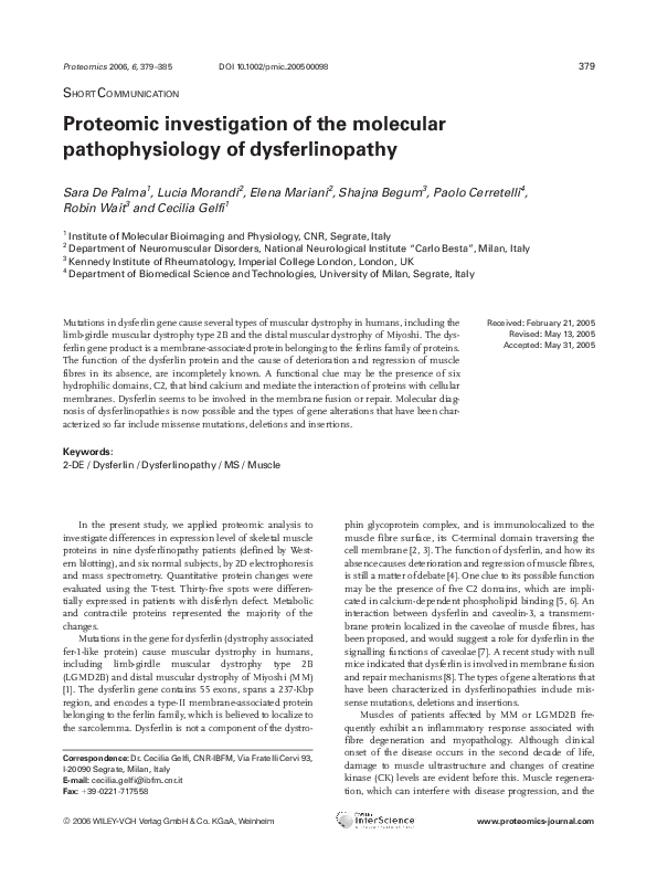 (PDF) Proteomic investigation of the molecular pathophysiology of dysferlinopathy | Sara De ...