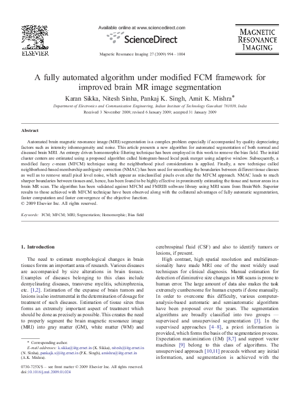 Pdf A Fully Automated Algorithm Under Modified Fcm Framework For Improved Brain Mr Image