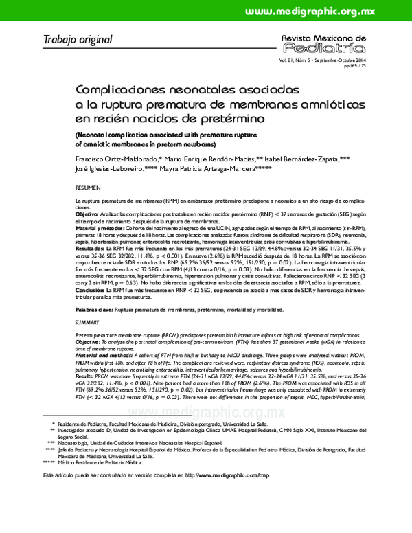 (PDF) Complicaciones neonatales asociadas a la ruptura prematura de ...