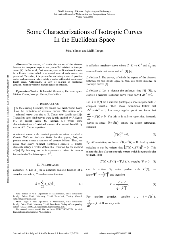 (PDF) Some Characterizations Of Isotropic Curves In The Euclidean Space