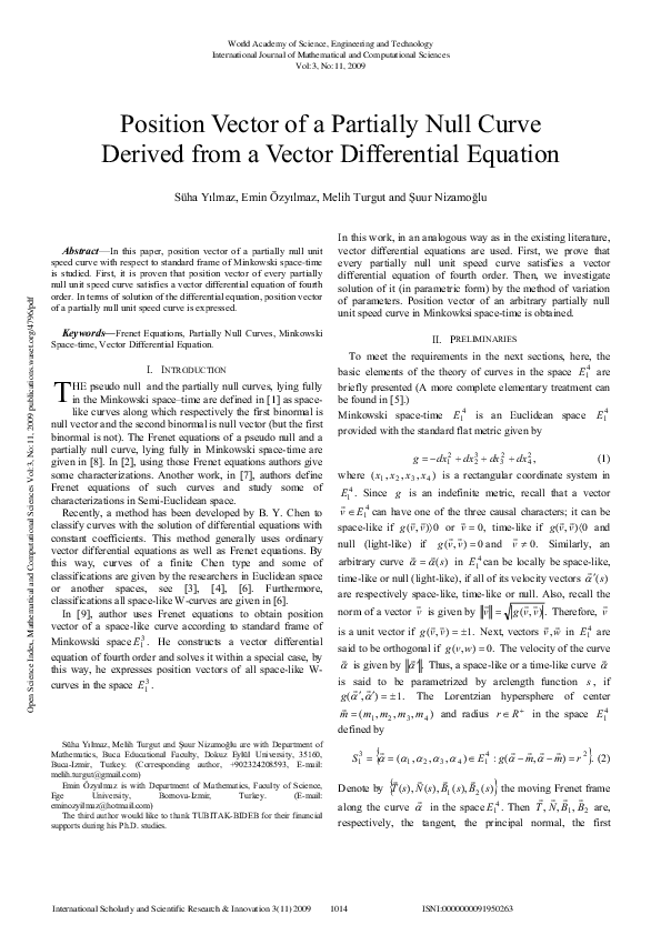 (PDF) Position Vector of a Partially Null Curve Derived from a Vector Differential Equation