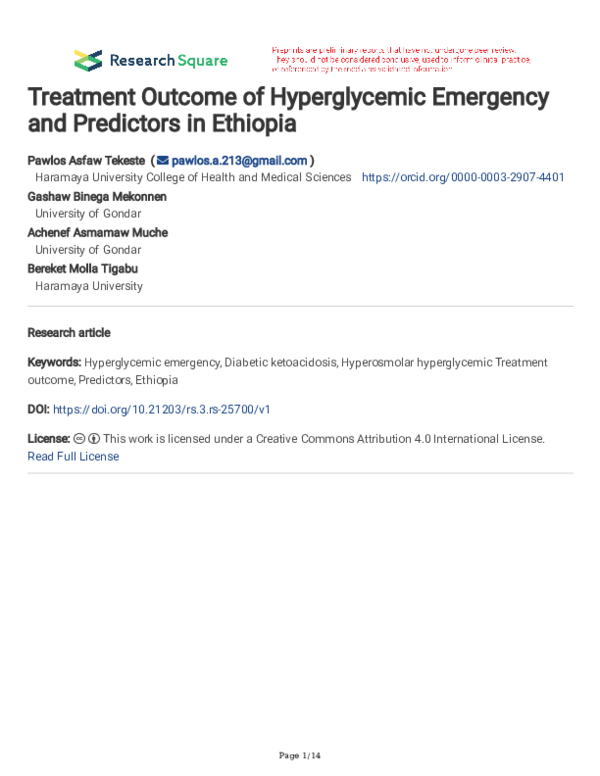(PDF) Treatment Outcome of Hyperglycemic Emergency and Predictors in Ethiopia