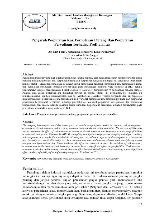 (PDF) Pengaruh Perputaran Kas, Perputaran Piutang Dan Perputaran ...