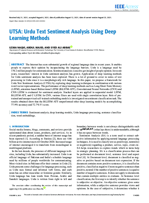 Pdf Utsa Urdu Text Sentiment Analysis Using Deep Learning Methods