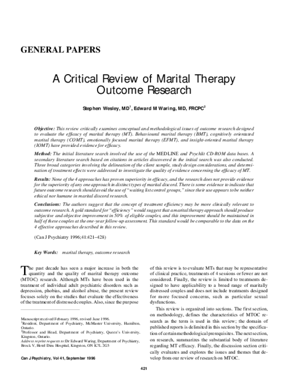 (PDF) GENERAL PAPERS A Critical Review of Marital Therapy Outcome Research