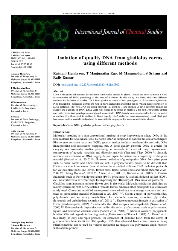 (PDF) Isolation of quality DNA from gladiolus corms using different methods