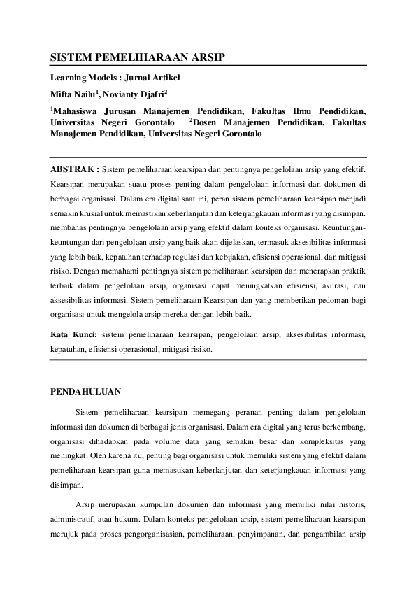 (PDF) SISTEM PEMELIHARAAN ARSIP Learning Models : Jurnal Artikel