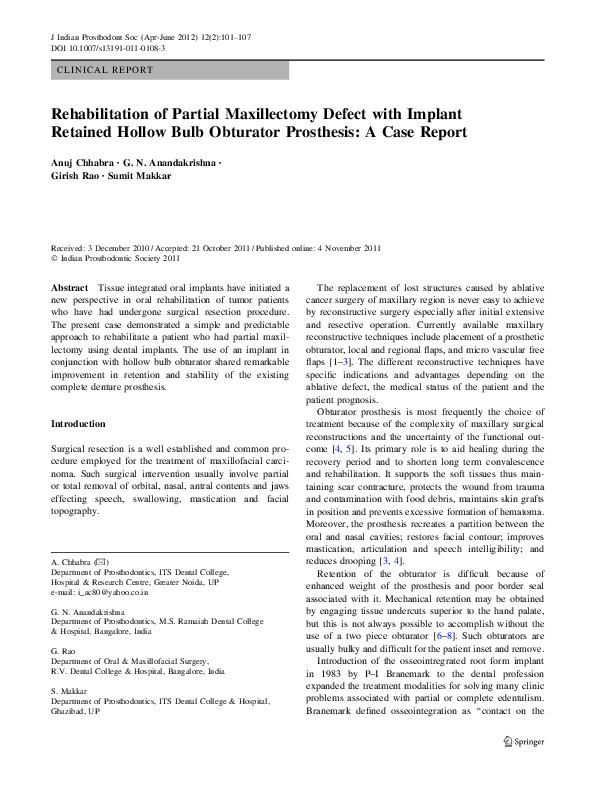 (PDF) Rehabilitation of Partial Maxillectomy Defect with Implant ...