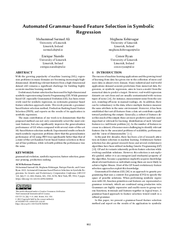 Pdf Automated Grammar Based Feature Selection In Symbolic Regression