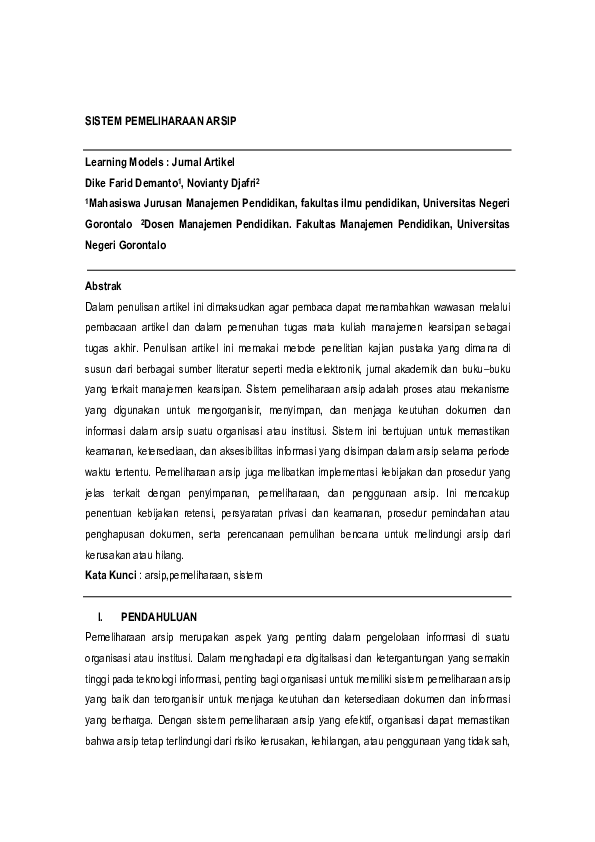(PDF) SISTEM PEMELIHARAAN ARSIP Learning Models : Jurnal Artikel