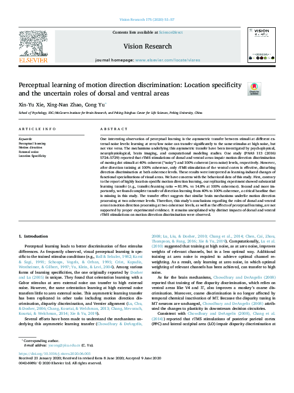 (PDF) Perceptual learning of motion direction discrimination in fovea reflects mixed but ...