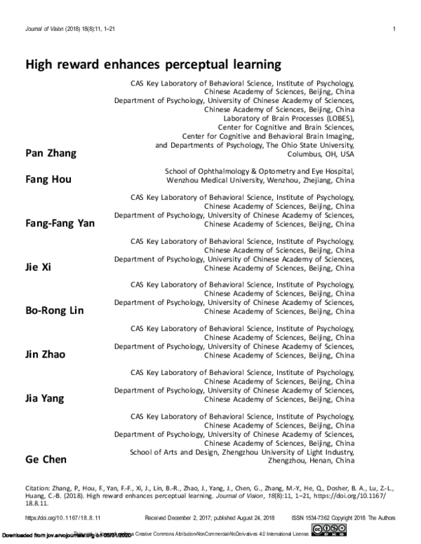 (PDF) High reward enhances perceptual learning