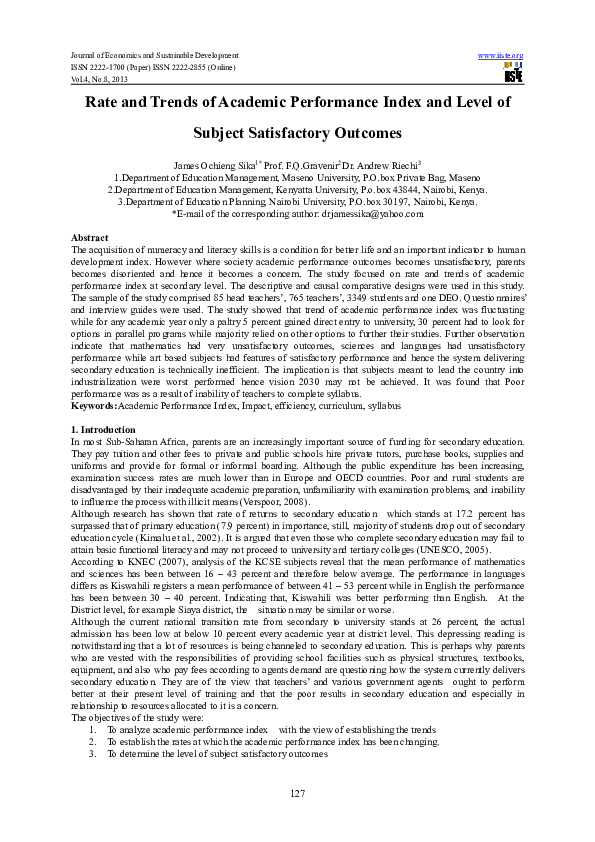 (PDF) Rate and Trends of Academic Performance Index and Level of Subject Satisfactory Outcomes