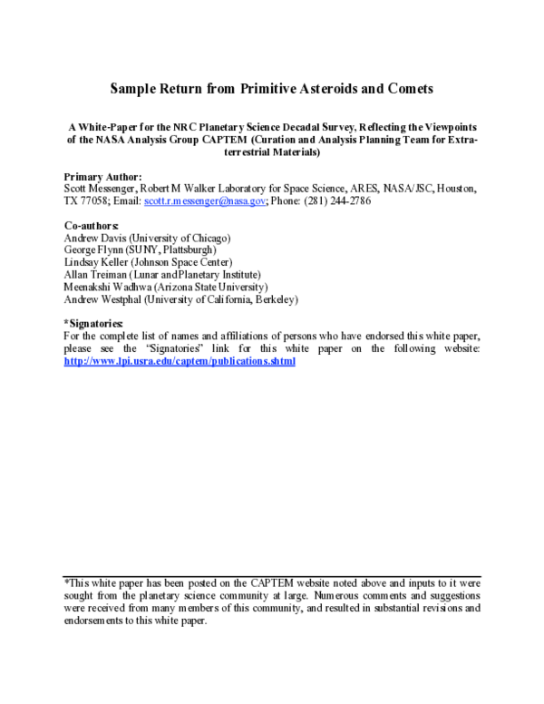 (PDF) Sample Return from Primitive Asteroids and Comets A White-Paper ...