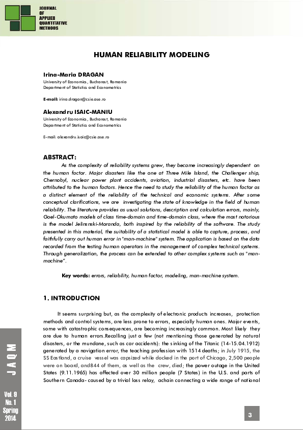 (PDF) HUMAN RELIABILITY MODELING Alexandru ISAIC-MANIU