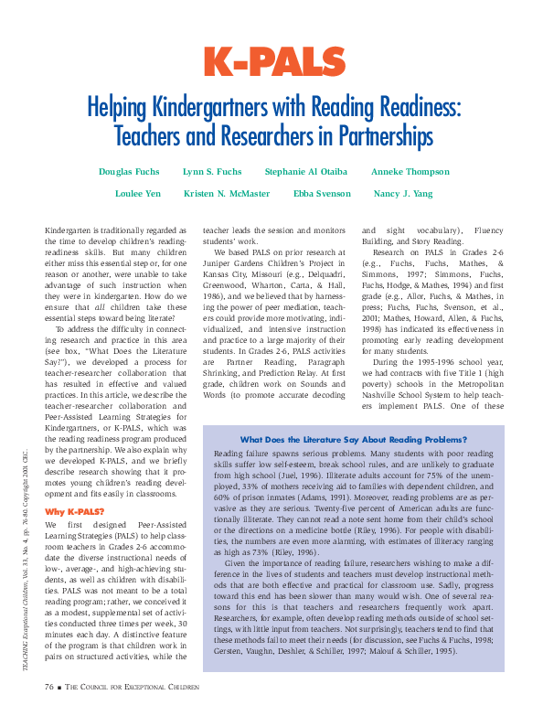 (PDF) K-PALS Helping Kindergartners with Reading Readiness: Teachers ...