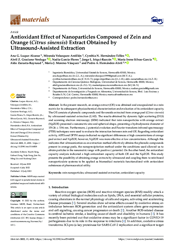 (PDF) Antioxidant Effect of Nanoparticles Composed of Zein and Orange (Citrus sinensis) Extract ...