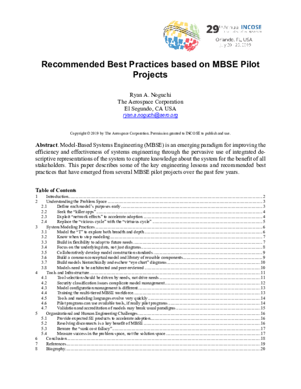 (PDF) Recommended Best Practices based on MBSE Pilot Projects