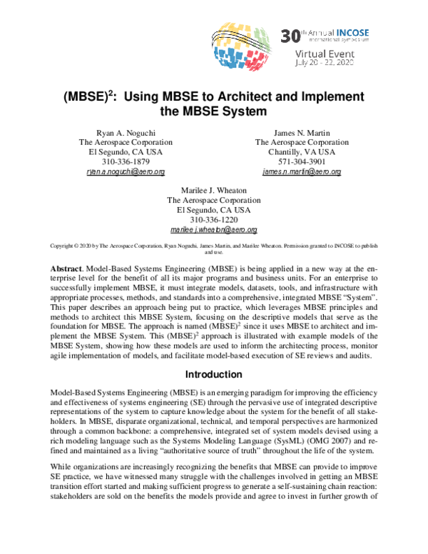 (PDF) (MBSE) 2 : Using MBSE to Architect and Implement the MBSE System
