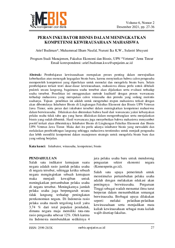 (PDF) Peran Inkubator Bisnis Dalam Meningkatkan Kompetensi Kewirausahaan Mahasiswa