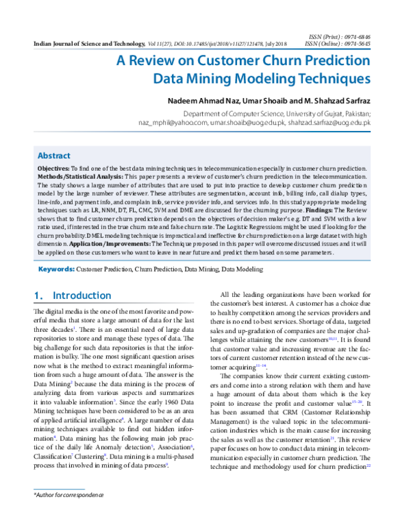 (PDF) A Review on Customer Churn Prediction Data Mining Modeling Techniques