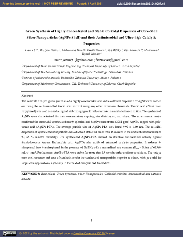 (PDF) Green Synthesis of Highly Concentrated and Stable Colloidal ...
