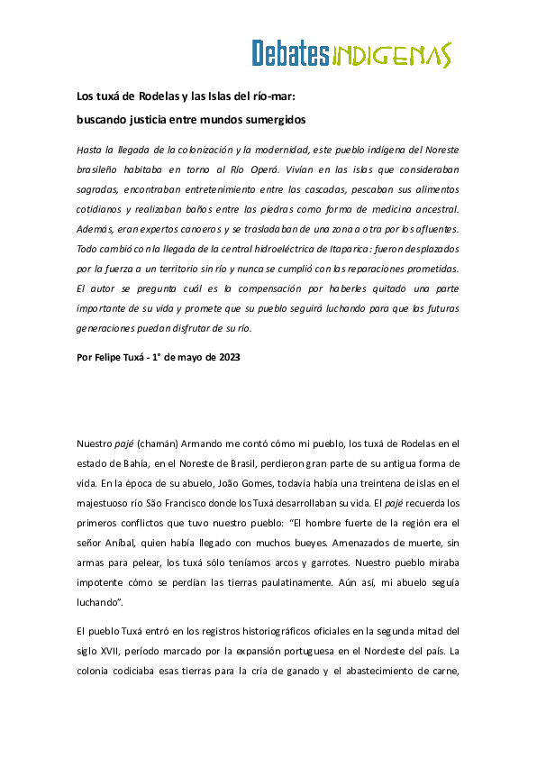 (PDF) Los tuxá de Rodelas y las Islas del río-mar: buscando justicia ...