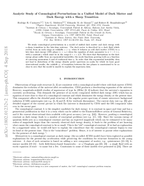 (PDF) Analytic study of cosmological perturbations in a unified model of dark matter and dark ...