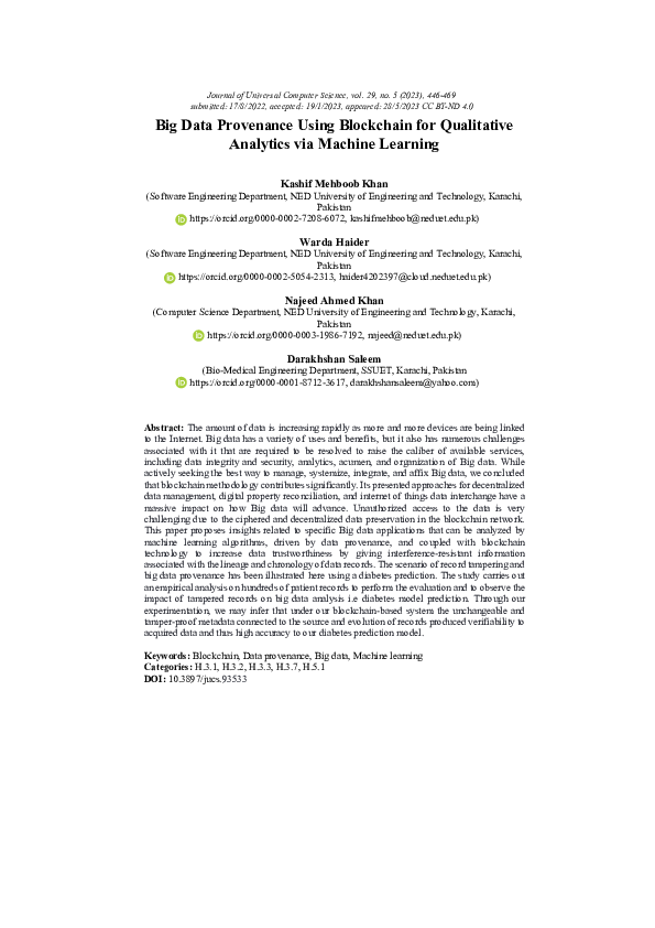 (PDF) Big Data Provenance Using Blockchain for Qualitative Analytics via Machine Learning