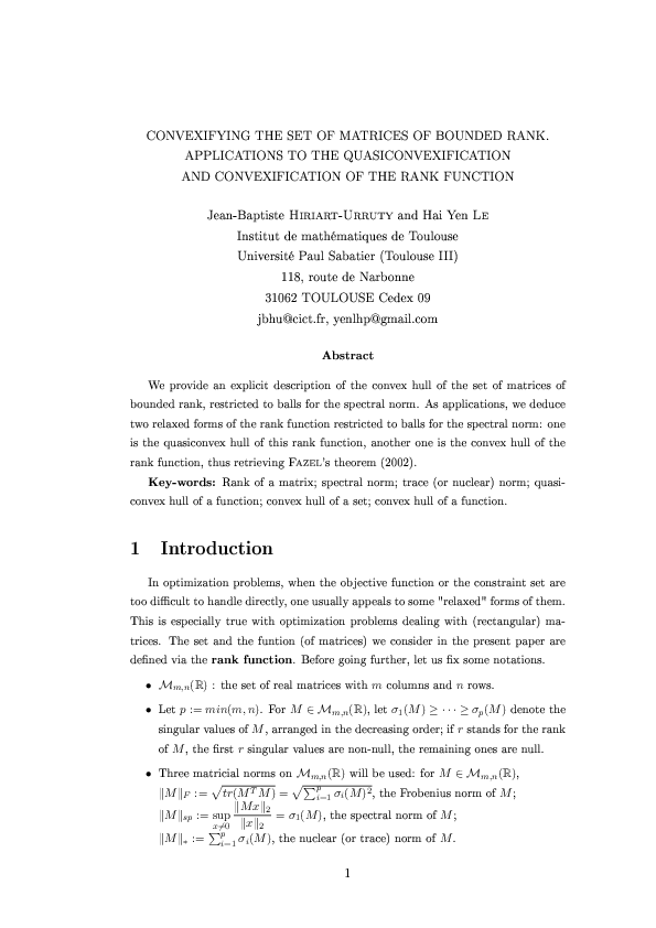 (PDF) Convexifying the set of matrices of bounded rank: applications to the quasiconvexification ...