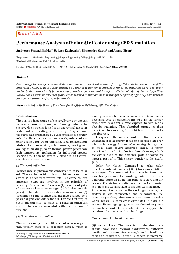 Pdf Performance Analysis Of Solar Air Heater Using Cfd Simulation