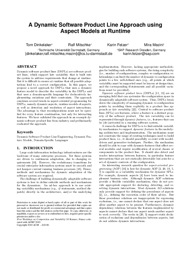 (PDF) A dynamic software product line approach using aspect models at runtime | Tom Dinkelaker ...
