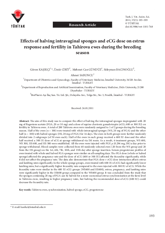 (PDF) Effects of halving intravaginal sponges and eCG dose on estrus response and fertility in ...