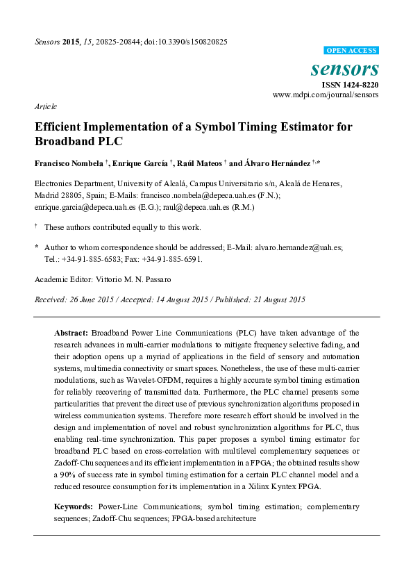 (PDF) Efficient Implementation of a Symbol Timing Estimator for Broadband PLC