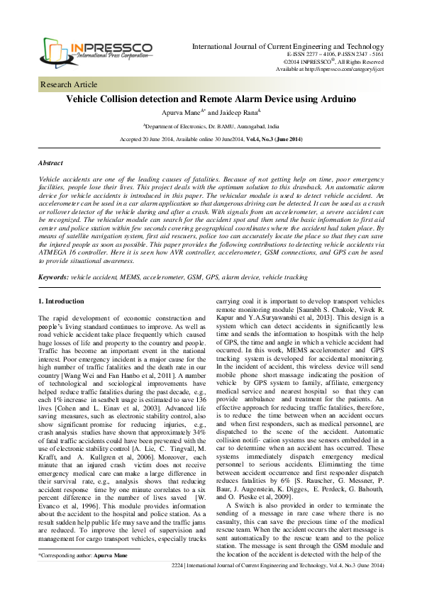 Pdf Vehicle Collision Detection And Remote Alarm Device Using Arduino 5747