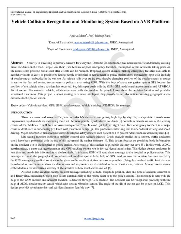 (PDF) Vehicle Collision Recognition and Monitoring System Based on AVR Platform