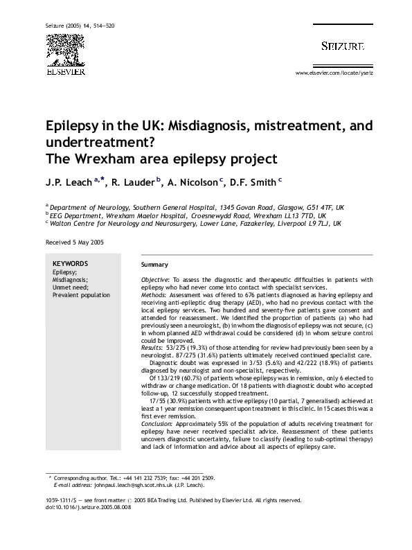 (PDF) Epilepsy in the UK: Misdiagnosis, mistreatment, and undertreatment?