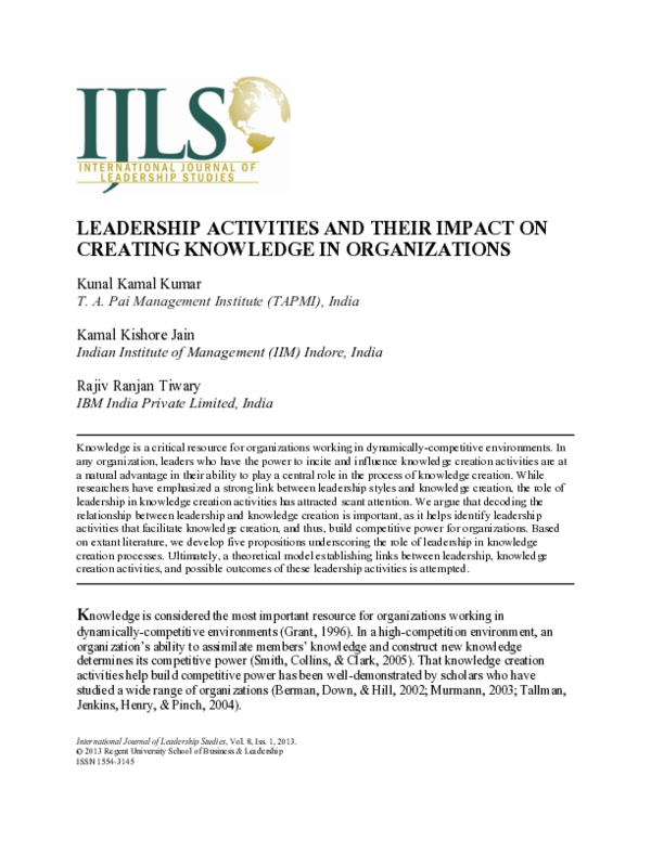 (PDF) Leadership Activities and Their Impact on Creating Knowledge in Organizations