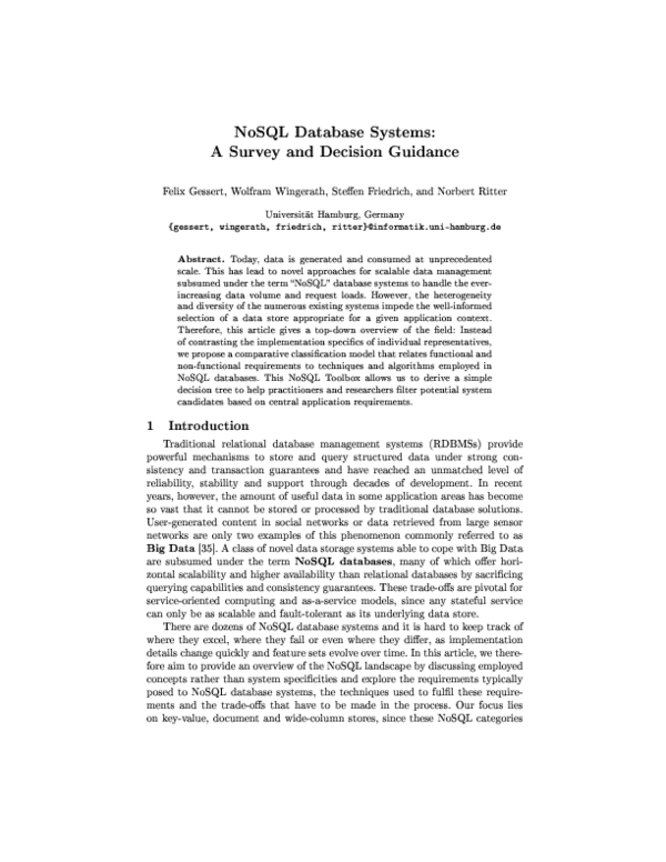 Pdf Nosql Database Systems A Survey And Decision Guidance