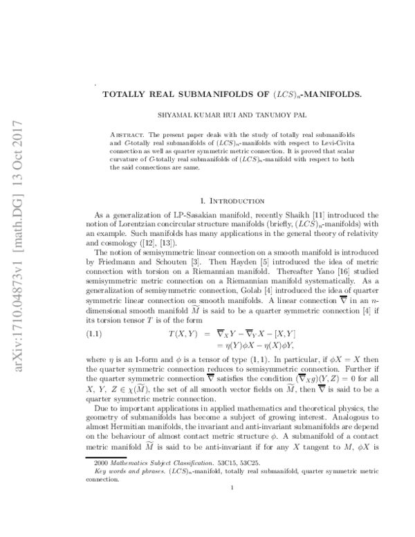 (PDF) Totally real submanifolds of (LCS)n-manifolds