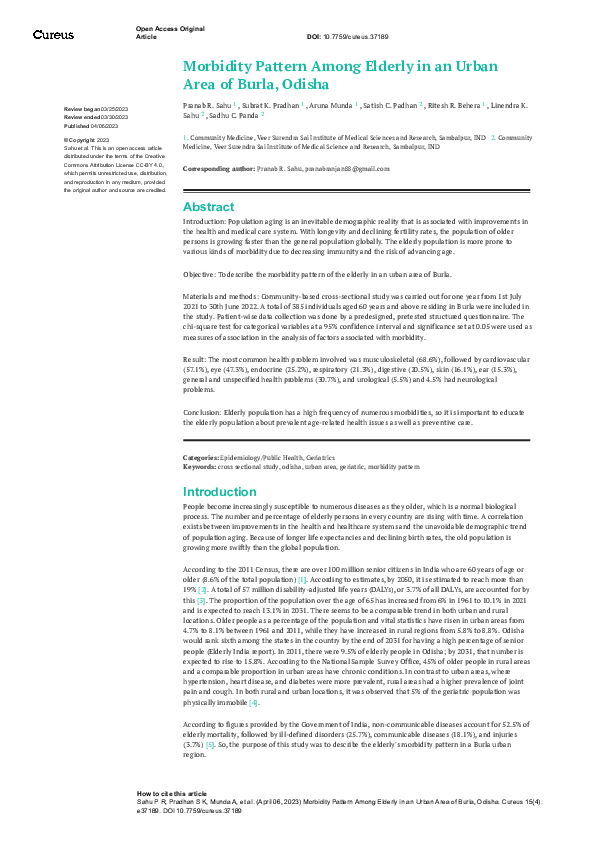 (PDF) Morbidity Pattern Among Elderly in an Urban Area of Burla, Odisha